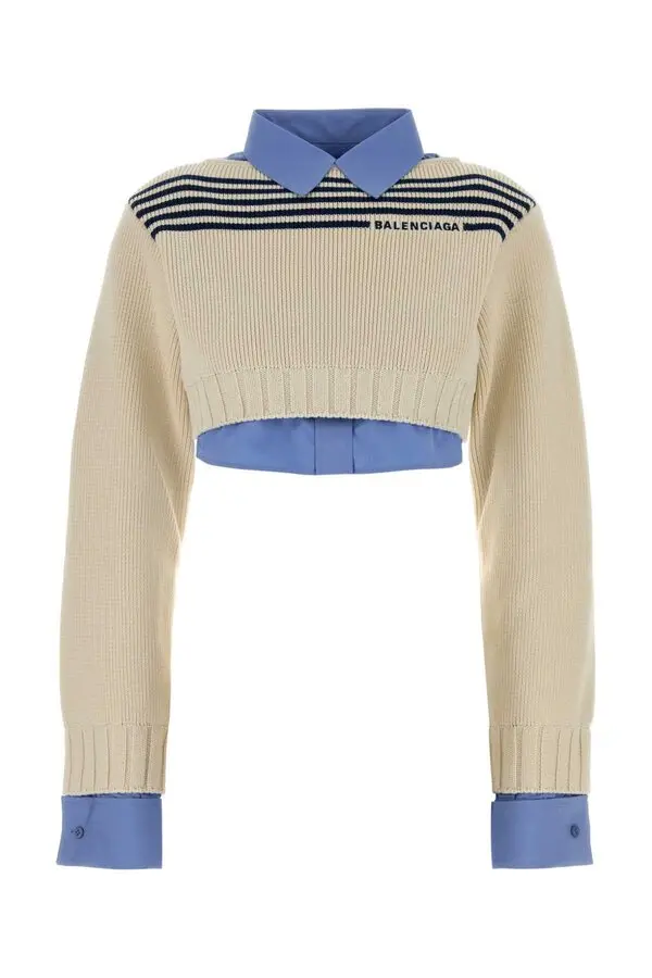 Balenciaga Ivory Cotton Cropped Pullover With Striped Detail - White