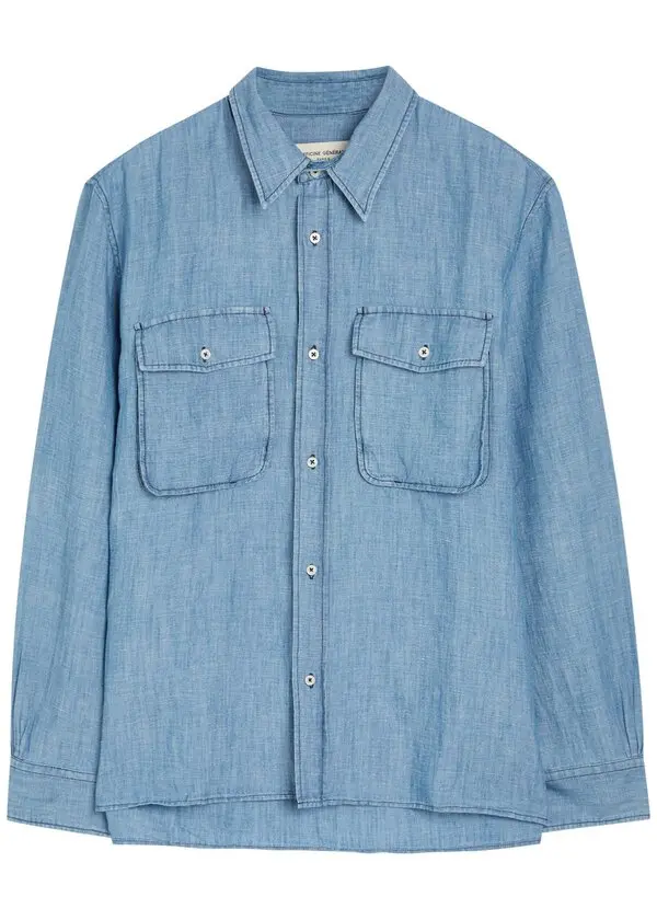 Officine Générale Garris Cotton And Linen-blend Shirt - Blue