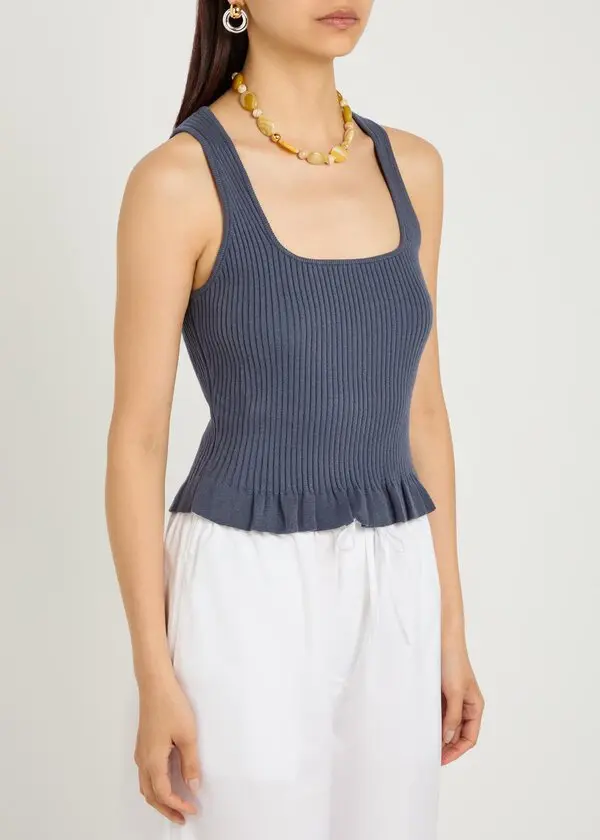 Paige Bronwyn Ribbed Cotton-blend Tank With Ruffled Hem - Navy