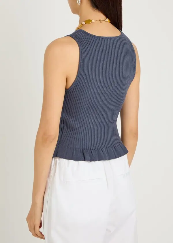 Paige Bronwyn Ribbed Cotton-blend Tank With Ruffled Hem - Navy