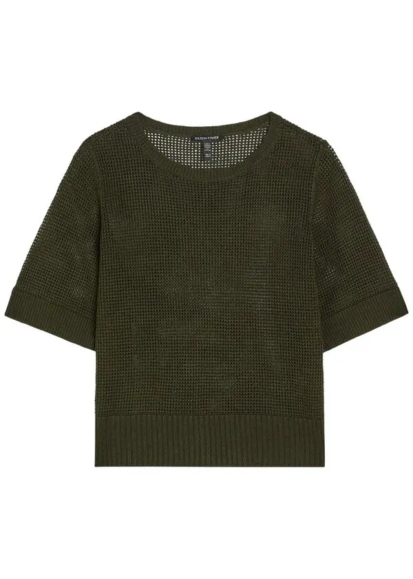 Eileen Fisher Open-knit Linen And Cotton-blend T-shirt - Dark Green