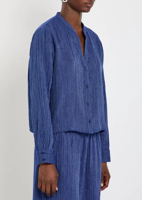 Eileen Fisher Striped Organic Cotton Blouse With Mandarin Collar
