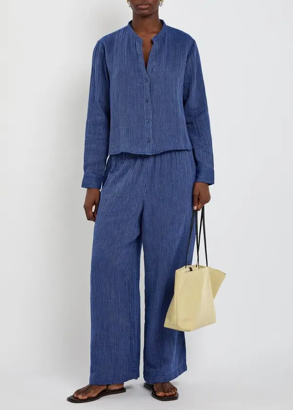 Eileen Fisher Striped Organic Cotton Blouse With Mandarin Collar