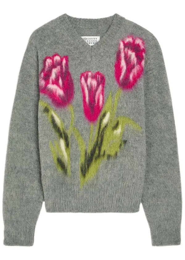 MAISON MARGIELA Floral-intarsia Brushed Wool-blend Jumper - Grey