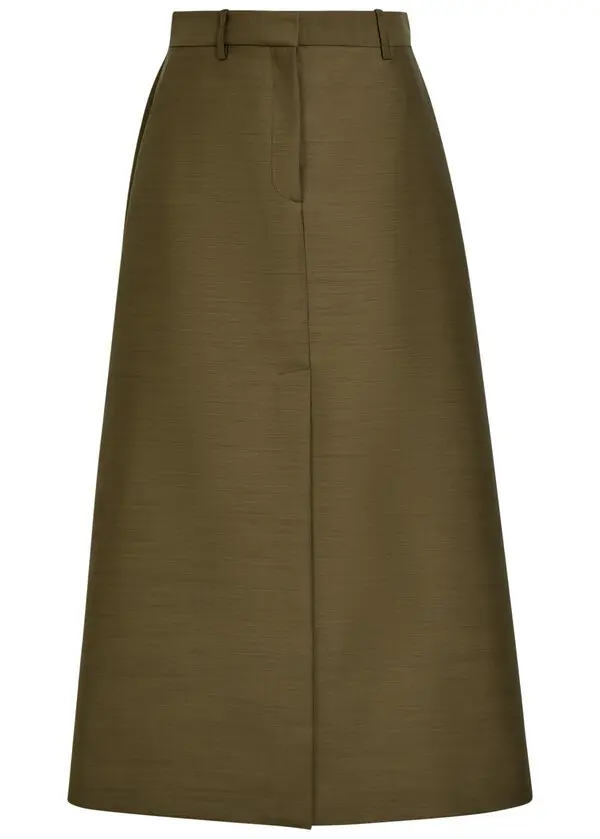 HEIRLOME Lara Wool And Silk-blend Midi Skirt - Olive