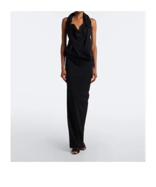 Magda Butrym Halterneck Draped Wool-blend Gown With Floral Appliqués