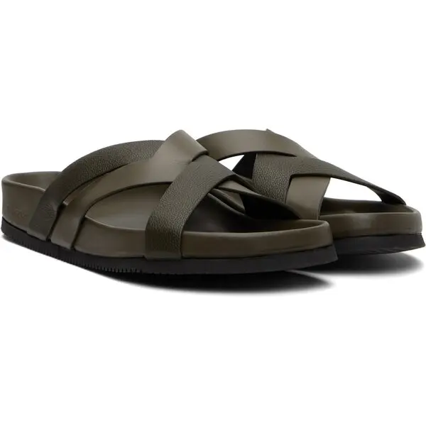 TOM FORD Grain Leather Criss-cross Strap Slippers - Dark Moss