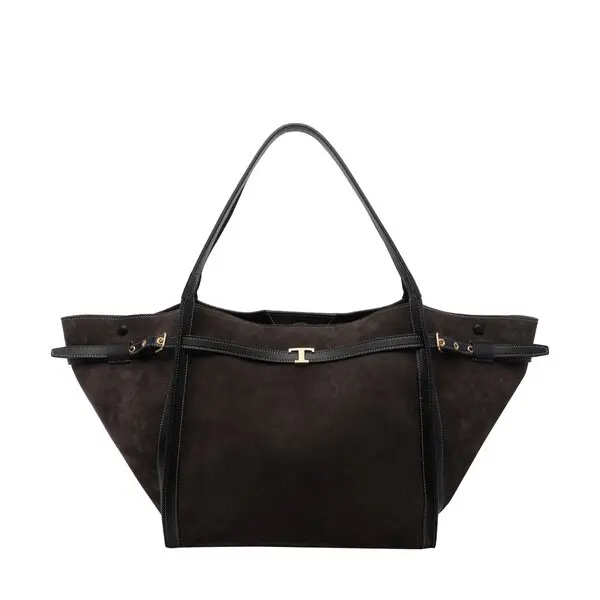 TOD'S Medium Suede T Signature Shopping Bag - Brown