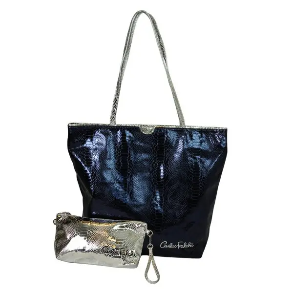 Carlos Falchi Microfiber Python Tote Navy W/ Silver Pouch - Blue