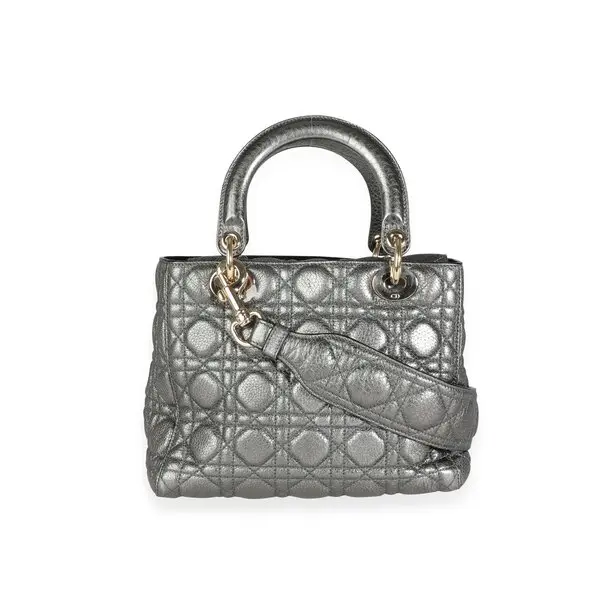 Dior Metallic Silver Cannage Leather Lady Tote - Green