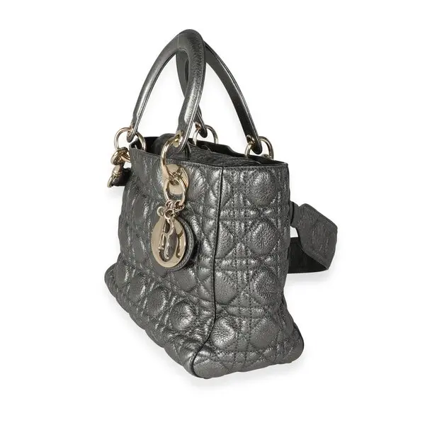Dior Metallic Silver Cannage Leather Lady Tote - Green