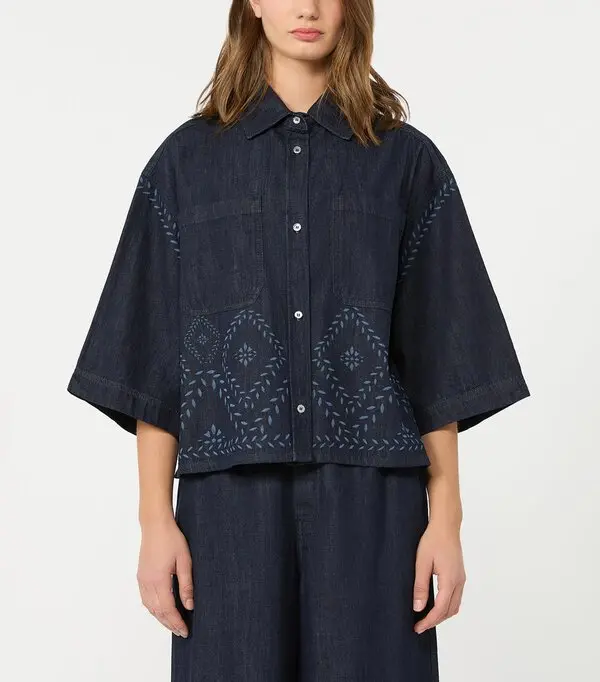 Max Mara Alare Cropped Denim Shirt With Laser-cut Detailing - Navy