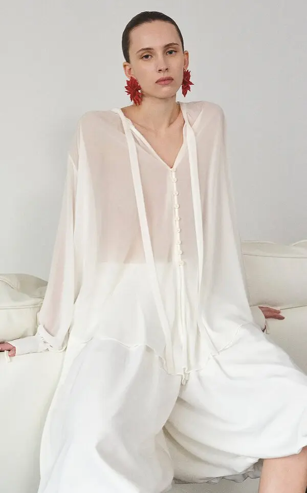 Source Unknown Veylin Chiffon Tie Cuff Top