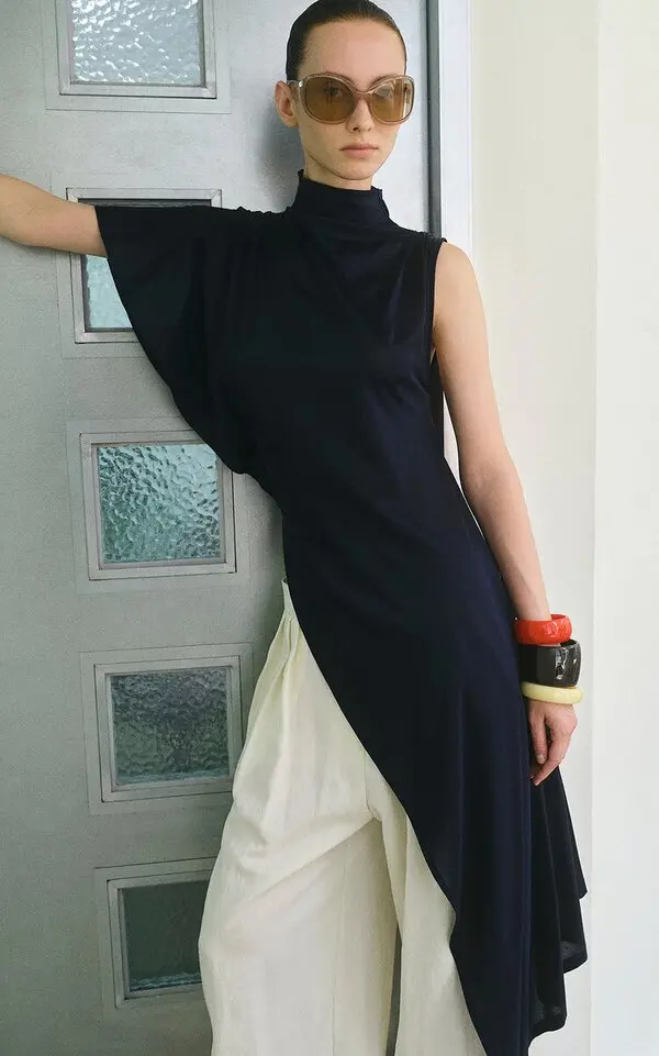 Source Unknown Livia Asymmetric Draped Top - Navy