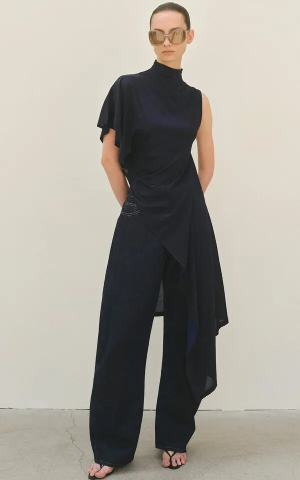 Source Unknown Livia Asymmetric Draped Top - Navy