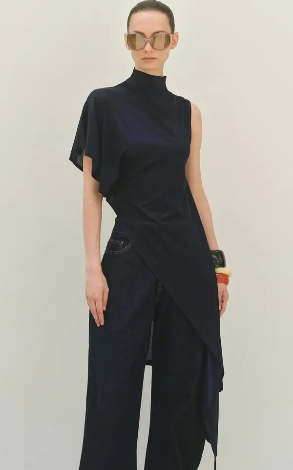 Source Unknown Livia Asymmetric Draped Top - Navy