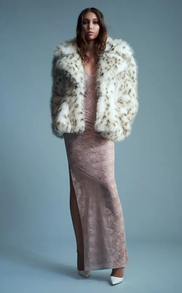 Alex Perry Contoured Snow Leopard Faux Fur Jacket