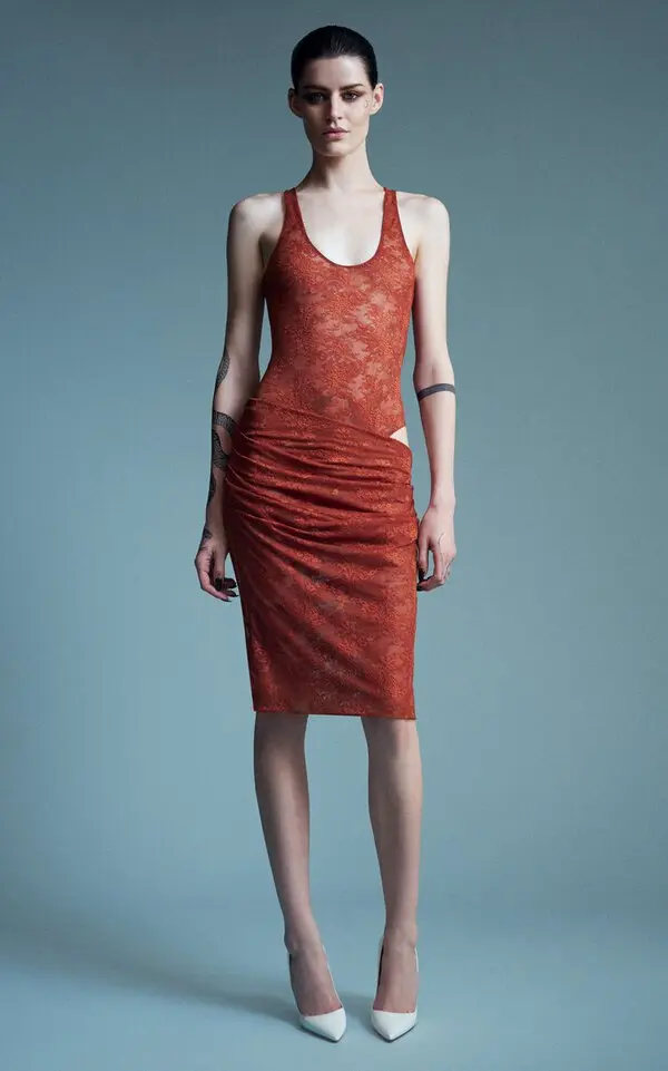 Alex Perry Singlet Sheer Stretch Lace Bodysuit - Orange