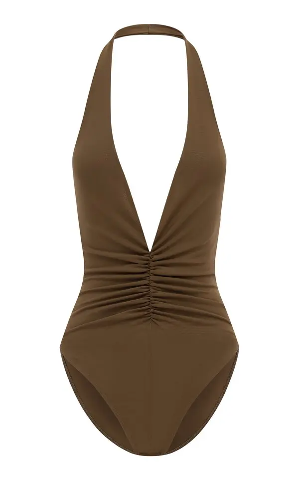 Alex Perry Halter Ruched Powermesh Bodysuit - Bronze