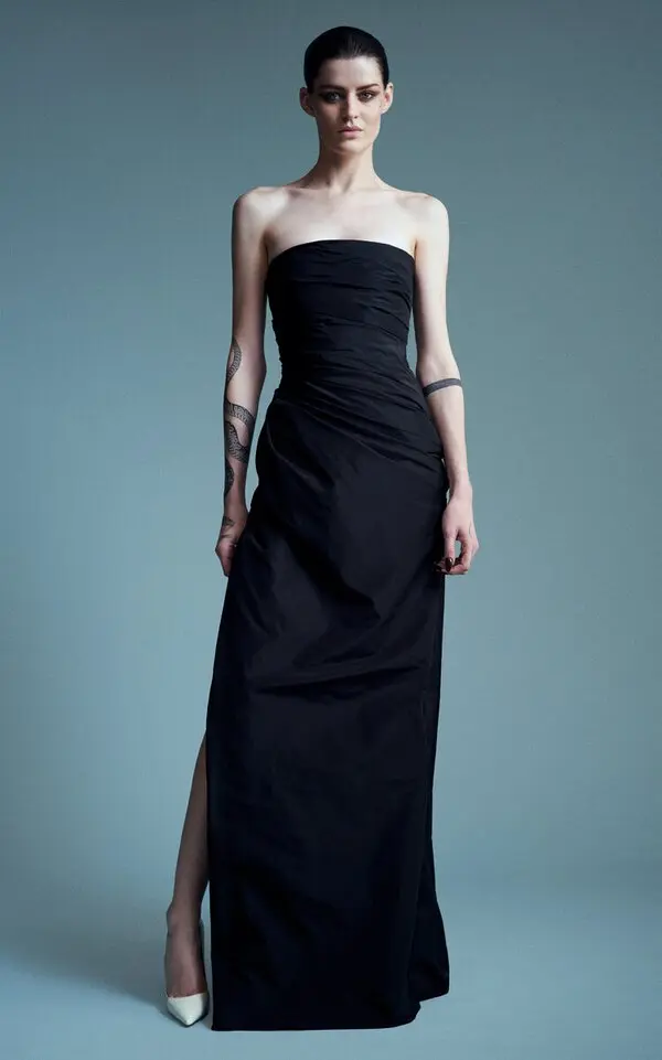 Alex Perry Strapless Tucked Split Taffeta Gown