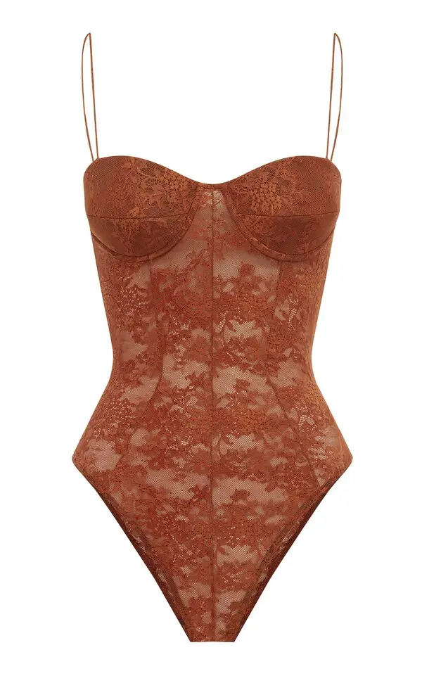 Alex Perry Cupped Sheer Stretch Lace Bodysuit - Orange