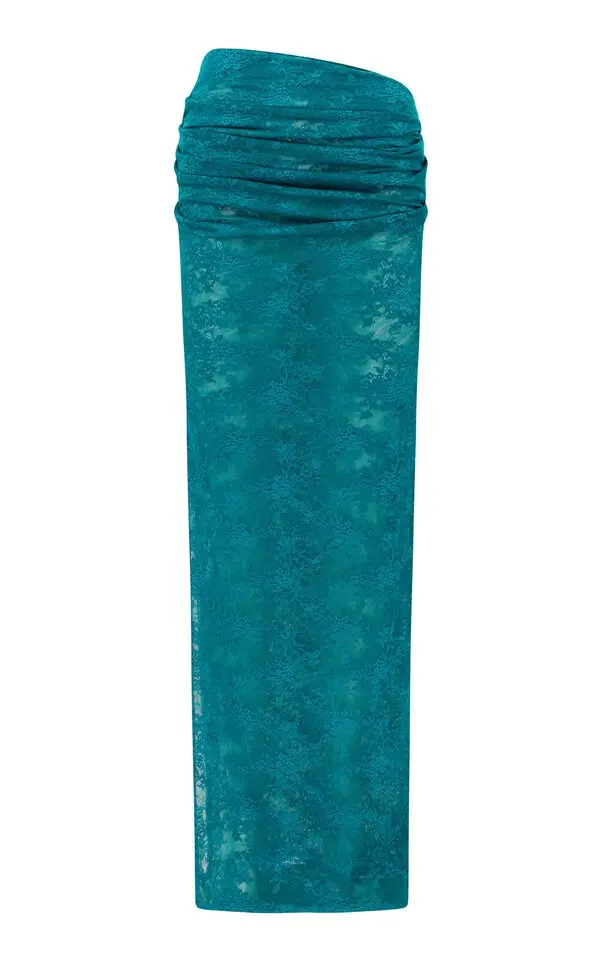 Alex Perry Tucked Sheer Stretch Lace Maxi Column Skirt - Blue