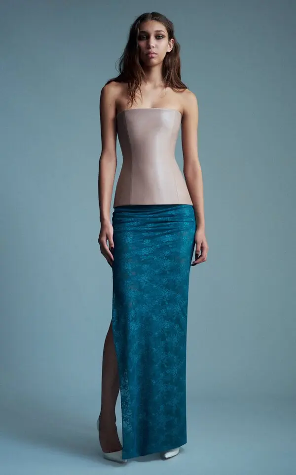 Alex Perry Tucked Sheer Stretch Lace Maxi Column Skirt