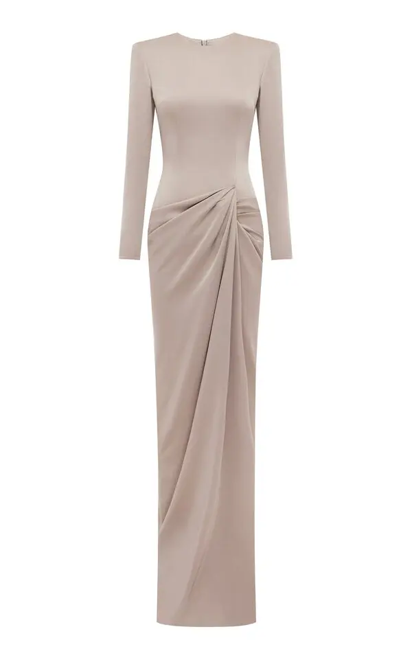 Alex Perry Long Sleeve Draped Satin Crepe Gown - Silver