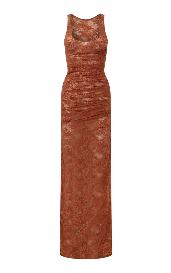 Alex Perry Singlet Sheer Stretch Lace Column Maxi Dress - Orange