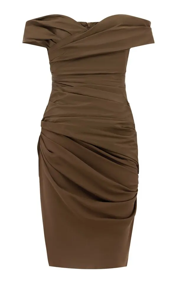 Alex Perry Off-shoulder Tucked Taffeta & Georgette Mini Dress - Brown