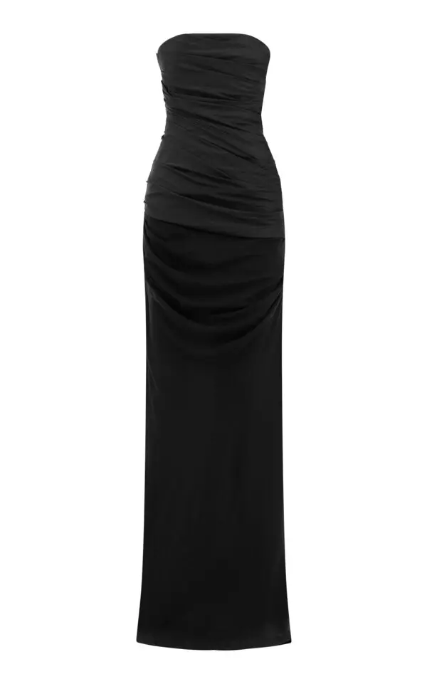 Alex Perry Strapless Tucked Column Taffeta Georgette Maxi Dress - Black