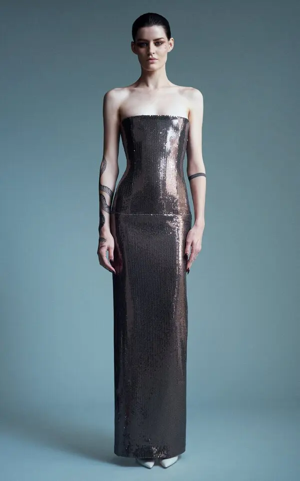 Alex Perry Strapless Column Sequined Mesh Maxi Dress