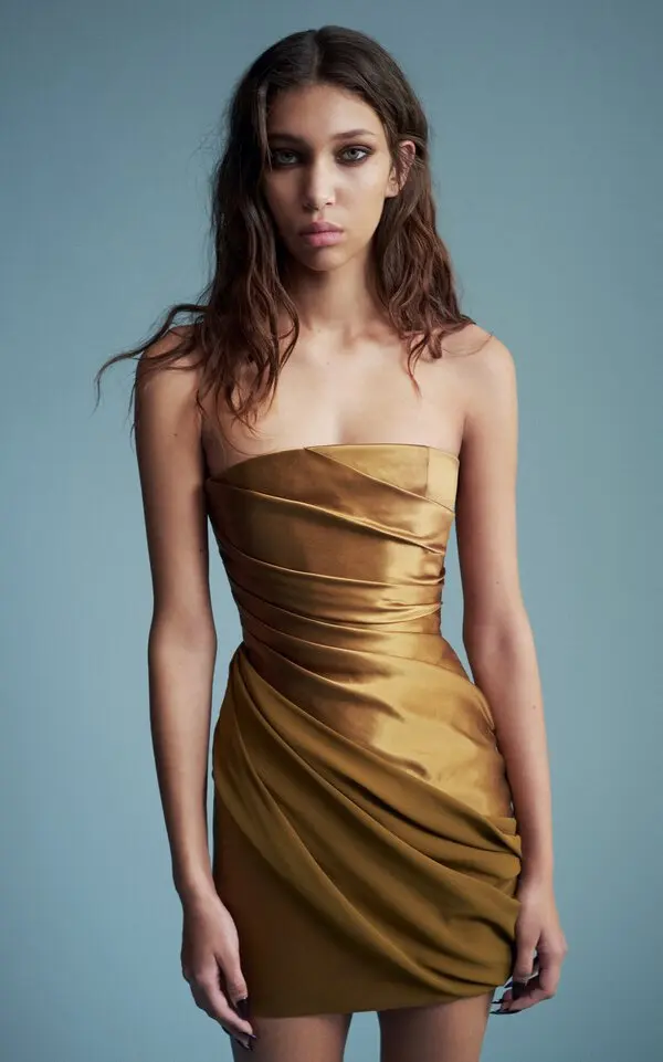 Alex Perry Strapless Draped Duchess Satin Georgette Mini Dress