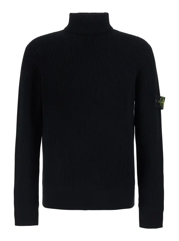 Stone Island Wool High-neck Sweater With Logo Patch - Black