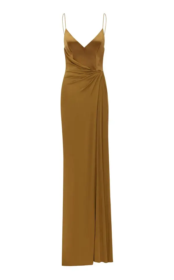 Alex Perry Bikini Draped Column Duchess Satin Jersey Maxi Dress - Bronze