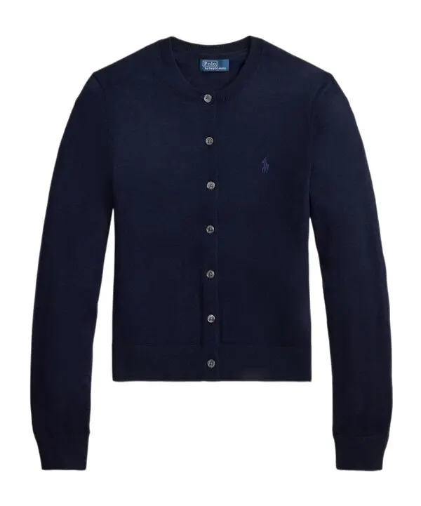 Polo Ralph Lauren Crewneck Embroidered-logo Wool Cardigan - Blue
