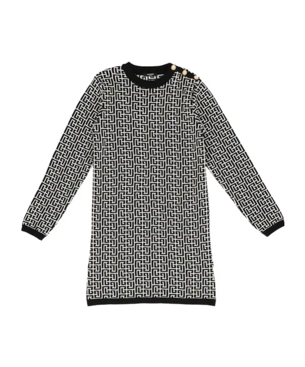 Balmain Monogram-knit Button-detail Dress