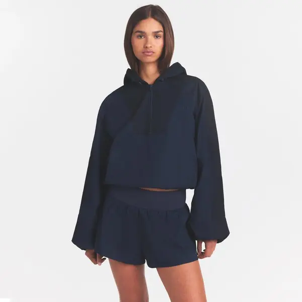 SKIMS Half Zip Pullover | Blue | Small | Woven Cotton - Navy