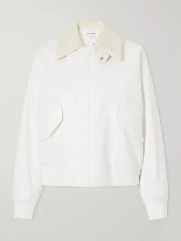 Bottega Veneta Intrecciato Leather Trimmed Cotton Jacket - White
