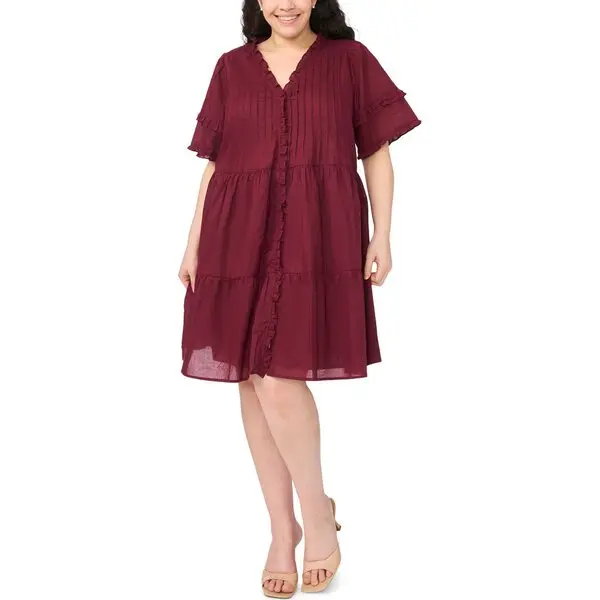 CECE DUPRAZ Pintuck Tiered Cotton Dress - Windsor Wine