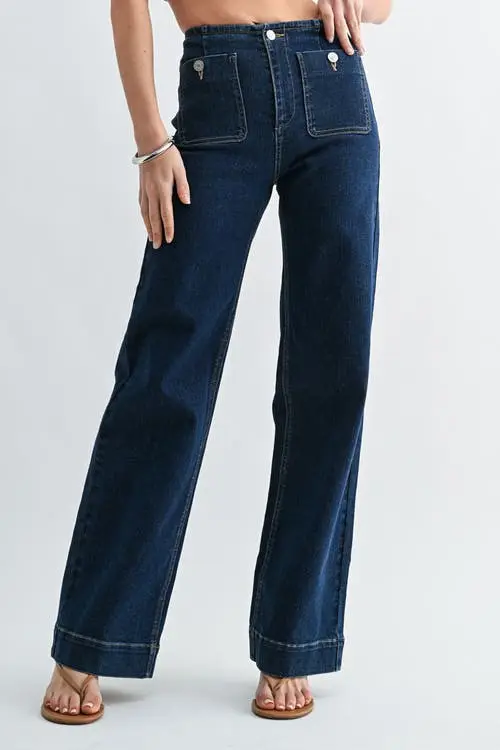 JEMINA DENIM Blueprint Patch Pocket High Waist Straight Leg Jeans - Dark Wash