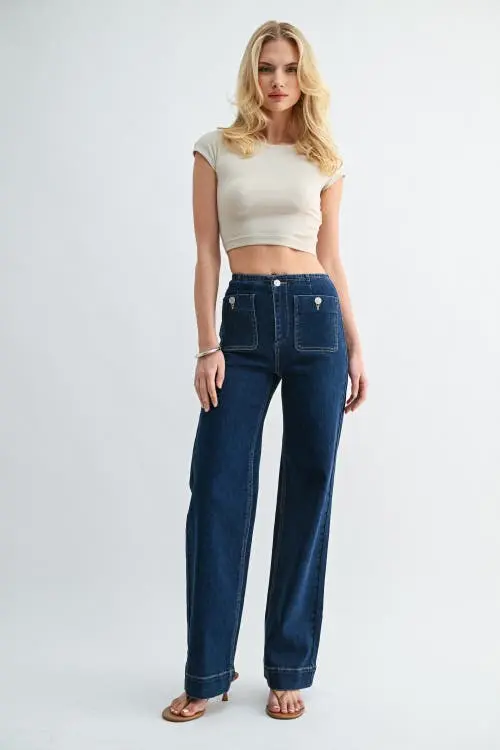 JEMINA DENIM Blueprint Patch Pocket High Waist Straight Leg Jeans