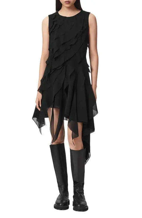 ALLSAINTS Angie Ruffled Handkerchief Hem Dress - Black