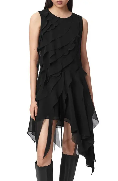 ALLSAINTS Angie Ruffled Asymmetrical Handkerchief Hem Dress
