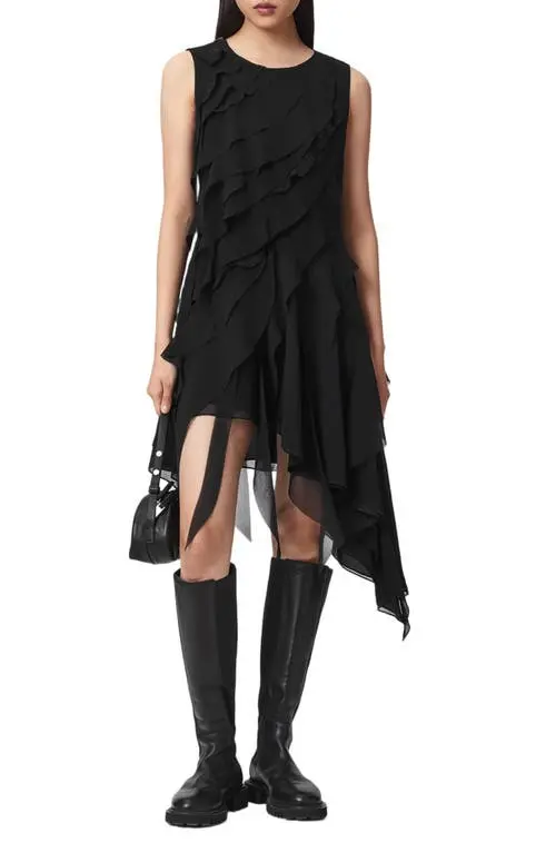 ALLSAINTS Angie Ruffled Asymmetrical Handkerchief Hem Dress