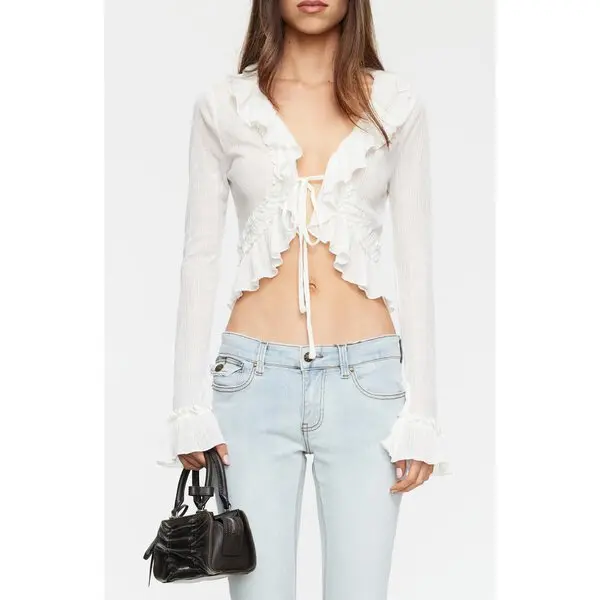 Lioness Venice Tie Front Ruffle Long Sleeve Top - Porcelain