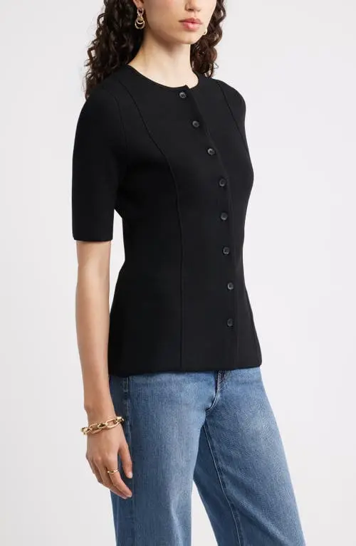 Nordstrom Crewneck Elbow Sleeve Button-up Cardigan - Black