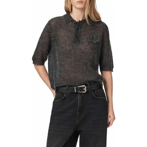 ALLSAINTS Anabel Mohair & Merino Wool Blend Polo Tee - Graphite Grey