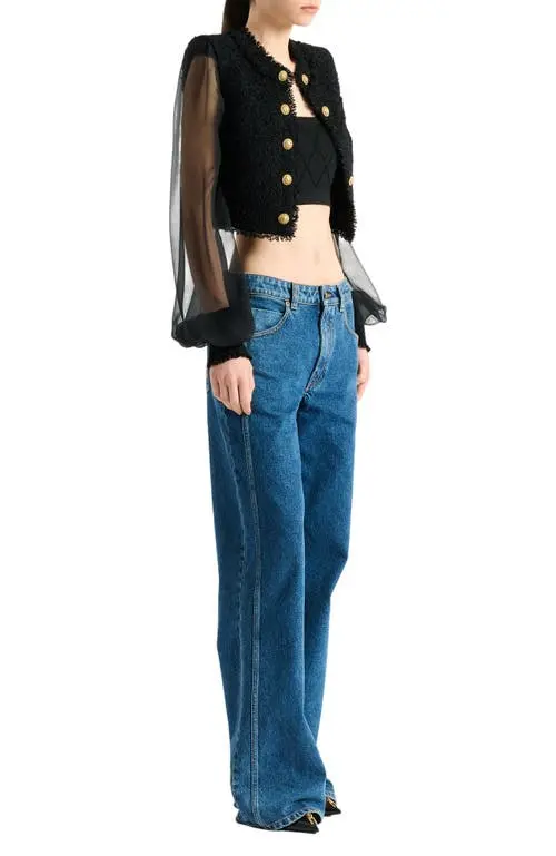 Balmain Cropped Tweed And Muslin Jacket With Decorative Buttons