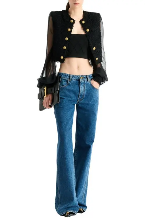 Balmain Cropped Tweed And Muslin Jacket With Decorative Buttons